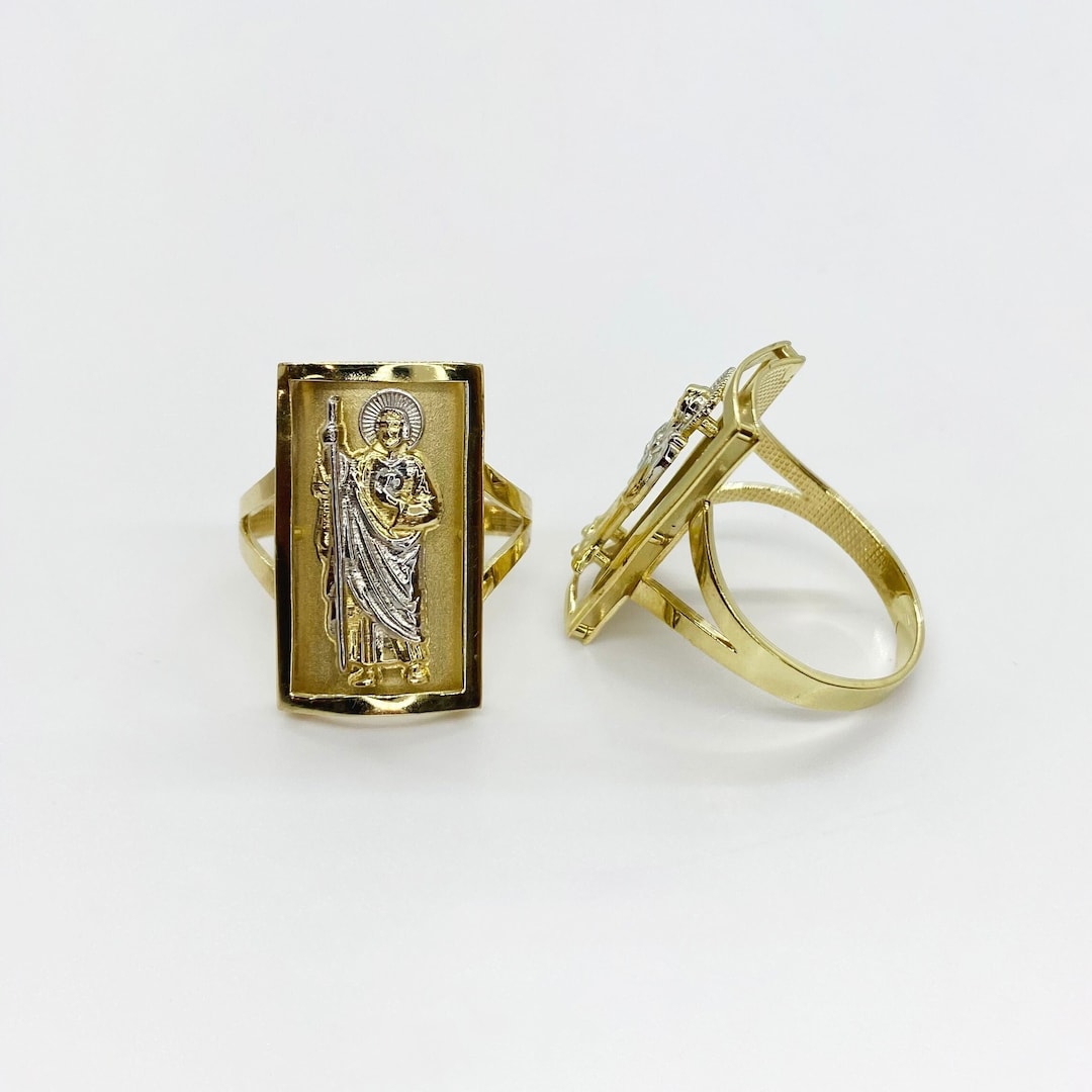 10k & 14k Solid Gold Saint Jude San Judas Rectangular Ring for Men Women / Religious Jewelry ...