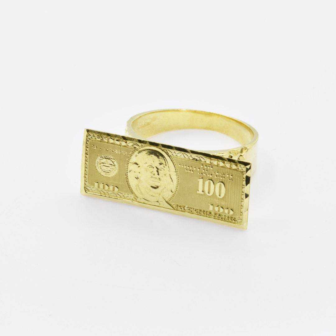 10k Solid Gold 100 Hundred Benjamin Dollar Bill Money Ring for Boy Men ...