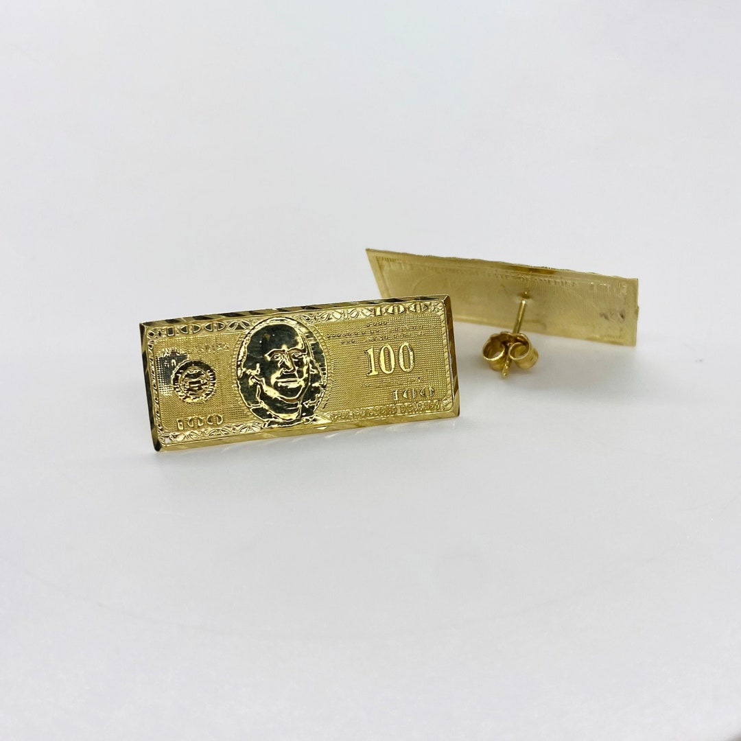 10k Solid Gold 100 Hundred Dollar Benjamin Bill Money Stud Earrings ...
