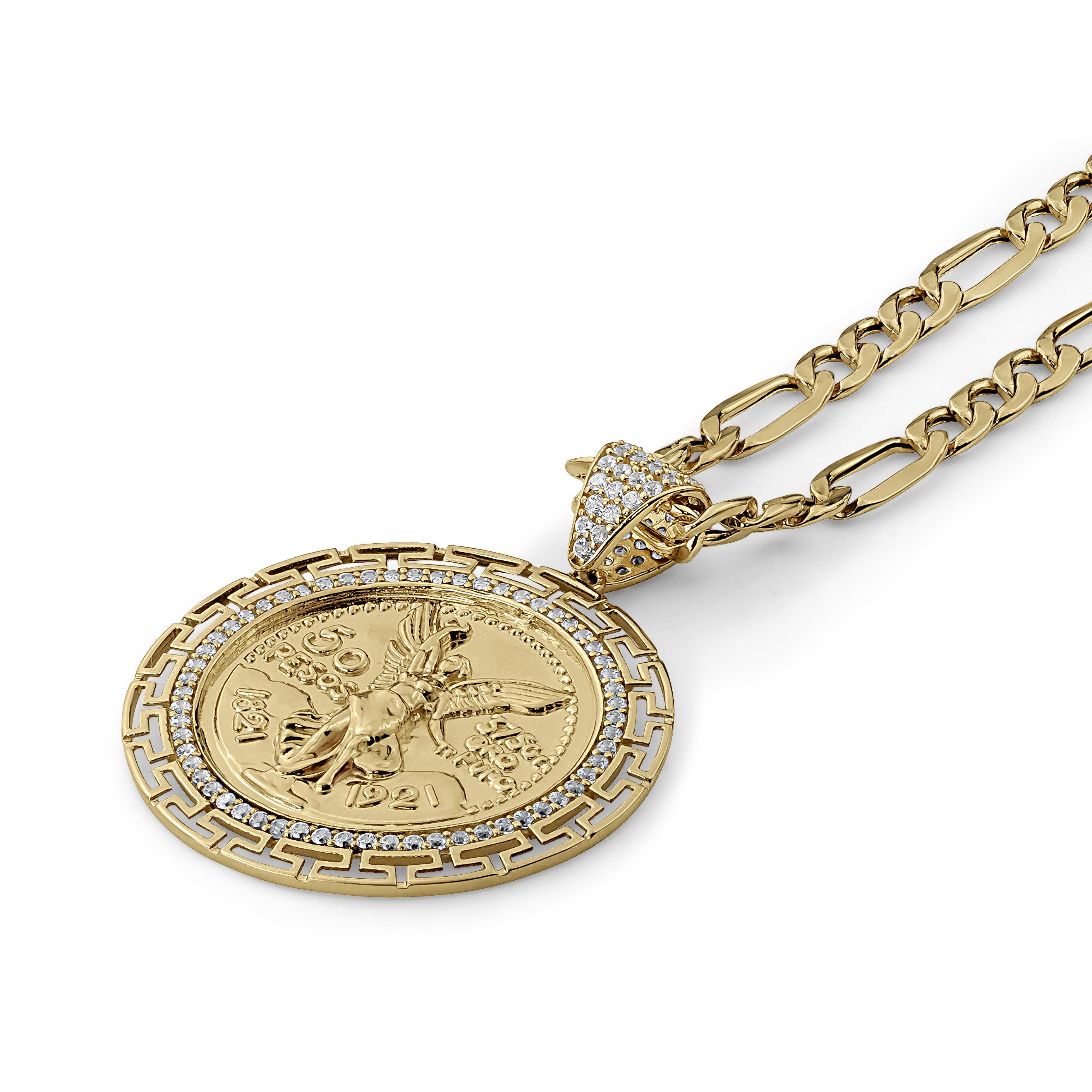 14k Solid Gold Centenario 50 Pesos Mexican Coin Greek Key Round Circle ...