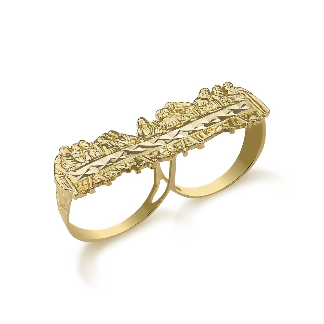 10k Gold Classic Last Supper Two Double Finger Vintage Diamond Cut Ring ...