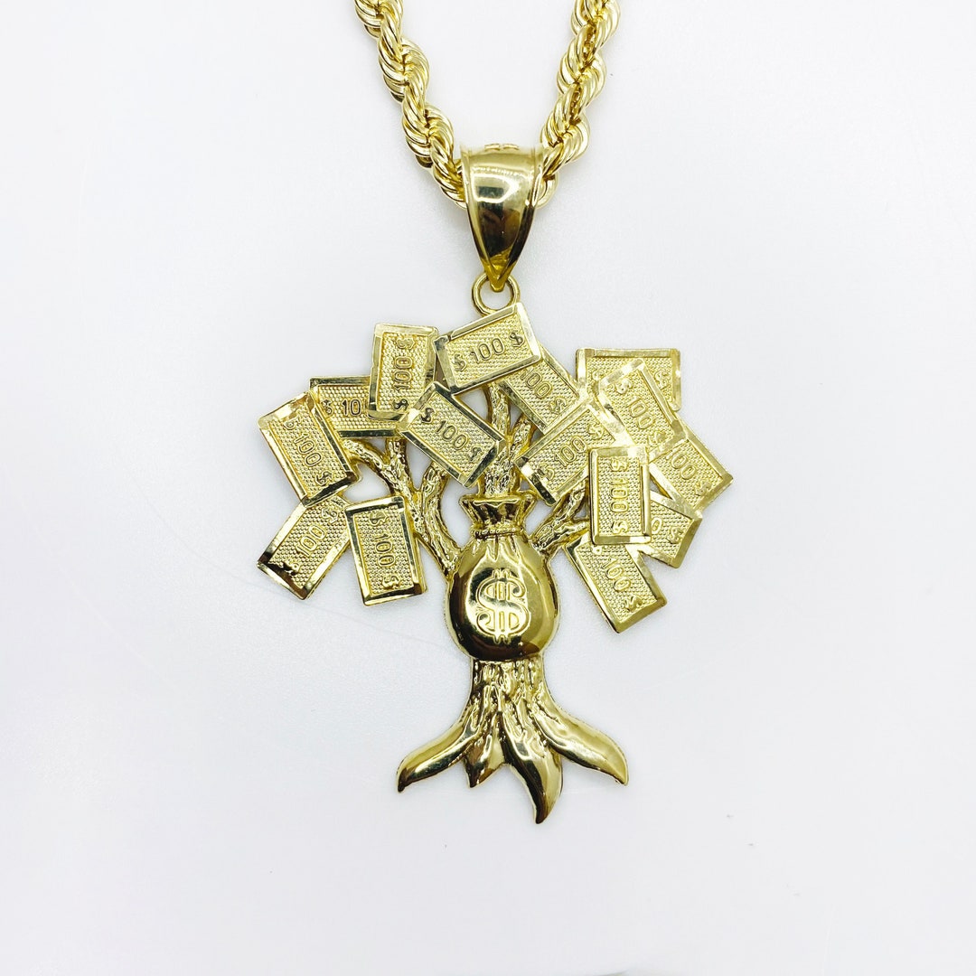 10k Solid Gold Money Bag Hundred Dollar Tree Pendant Necklace for Boy ...
