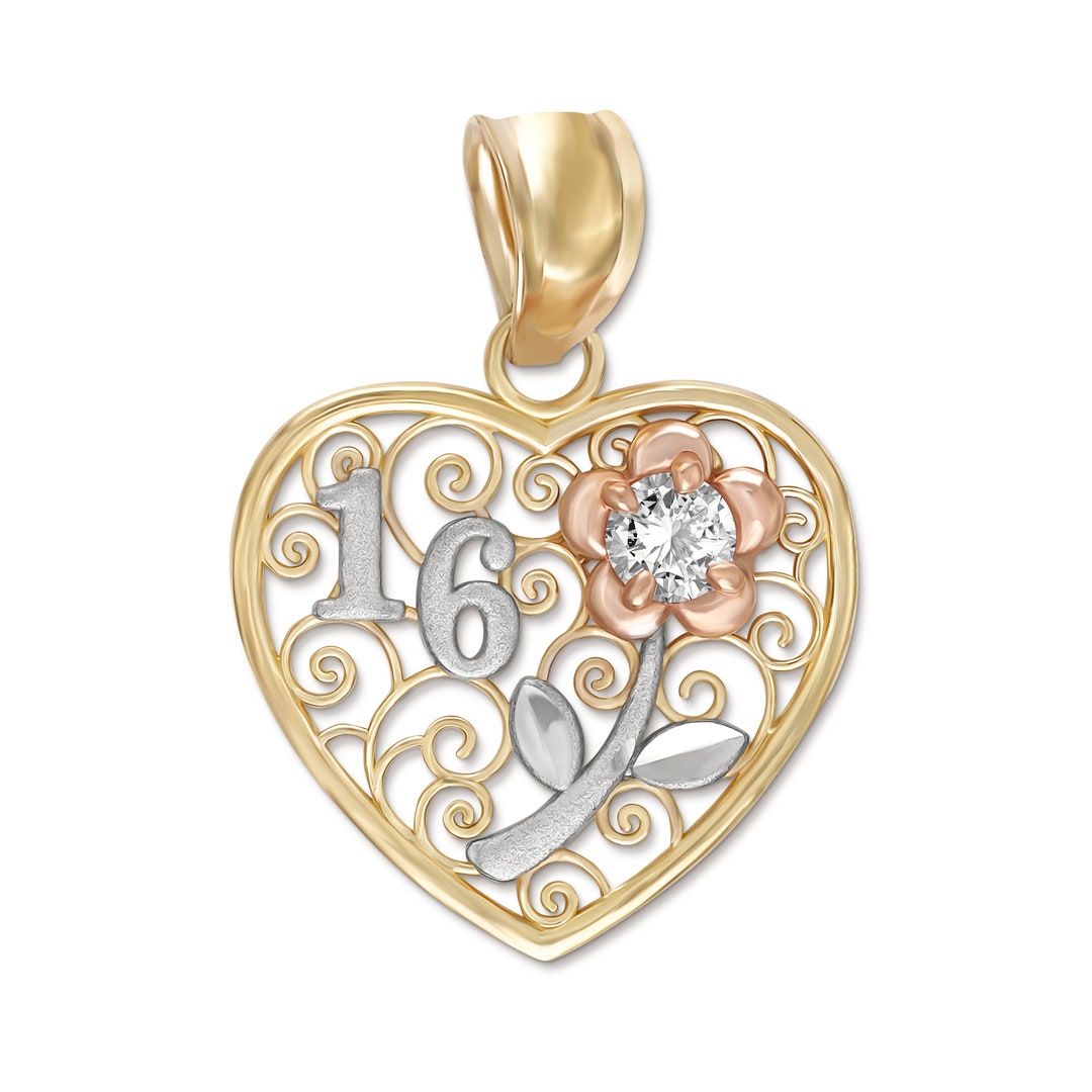 10k & 14k Gold Sweet 16th Birthday Rose Tri-color Heart CZ Pendant ...