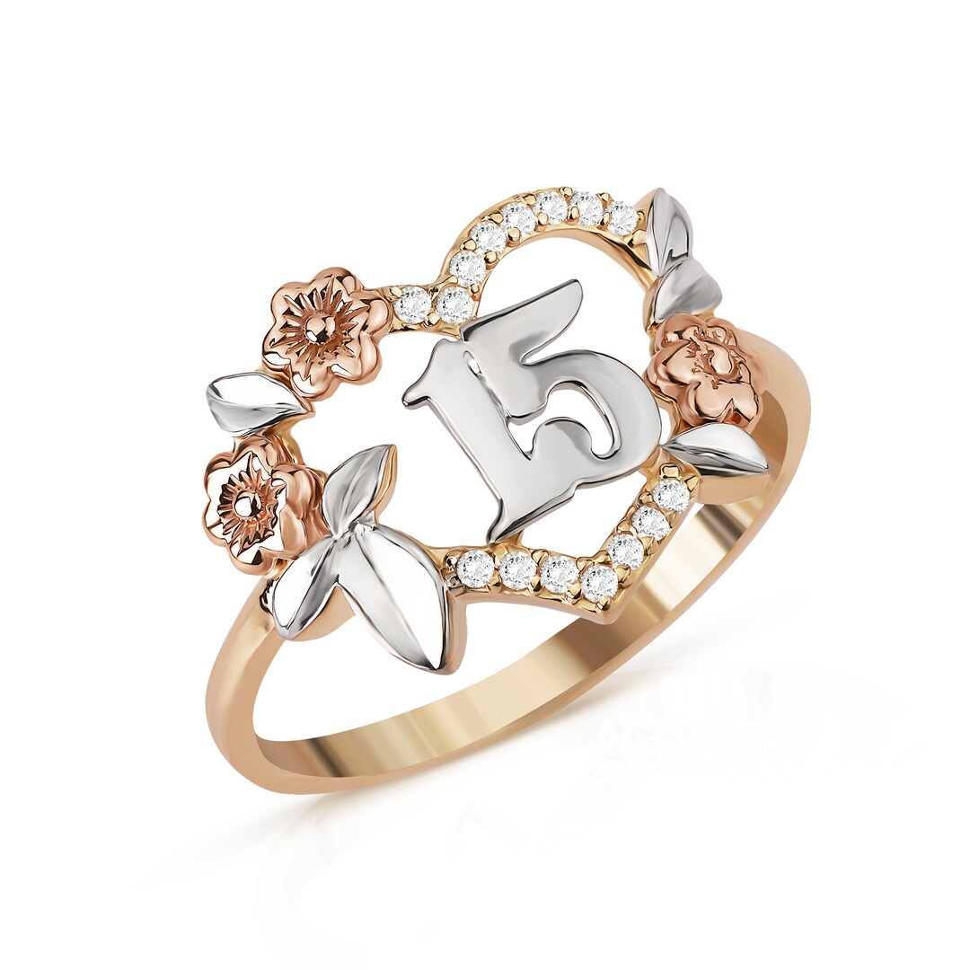 10k & 14k Solid Gold Quinceanera 15th Birthday Heart Ring With Rose ...