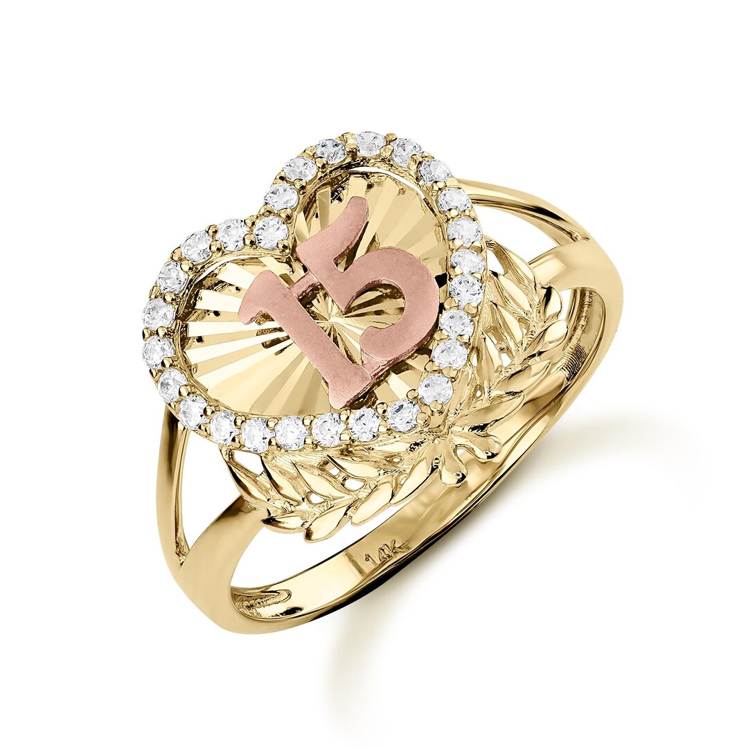 10k & 14k Solid Gold Quinceanera Ring 15th Birthday Heart Angel Wing CZ ...