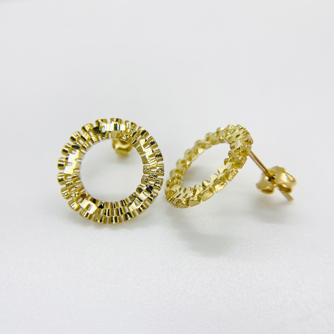 10k Solid Gold Rollie Round Circle Framed Stud Earrings Push Back for ...