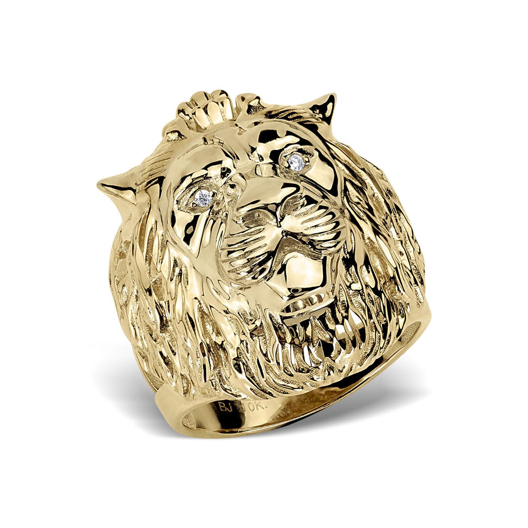 10k & 14k Solid Gold Lion Head Ring With Cubic Zirconia Stones for Men ...