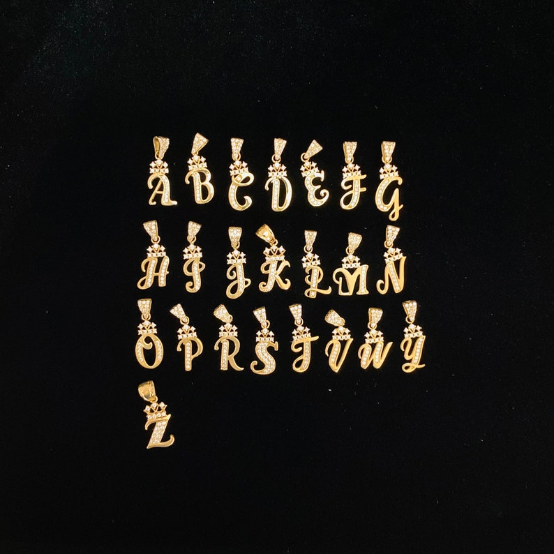 10k Solid Gold Initial Letter Alphabet CZ Crown Pendant - Etsy