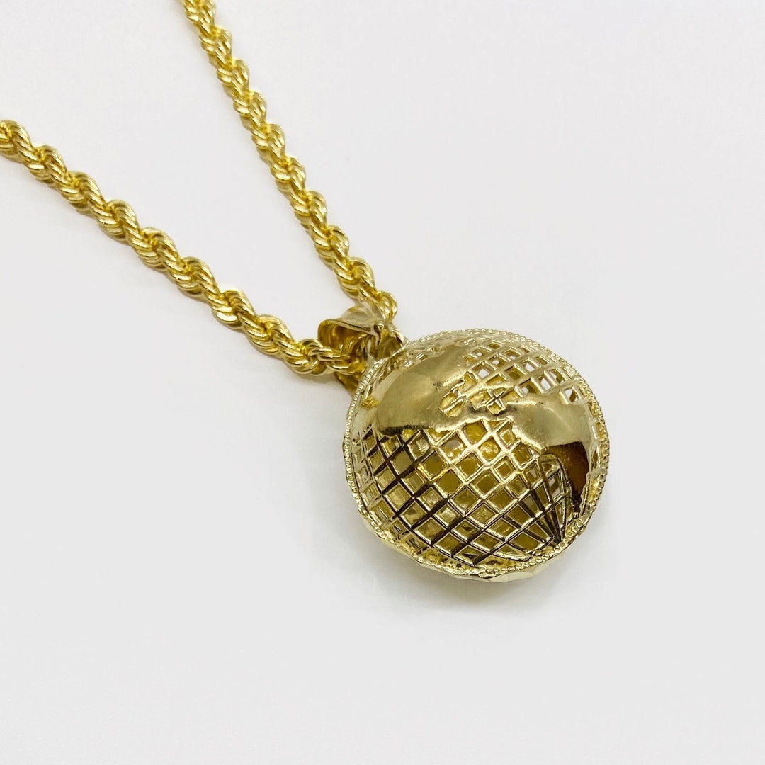 10k Solid Gold World Globe Pendant Charm Necklace for Boy Men / Round ...