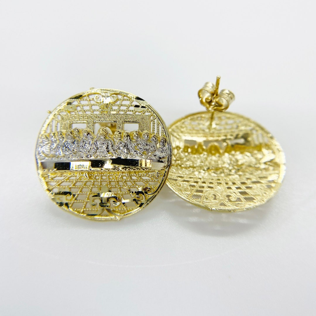 10k Solid Gold Jesus Last Supper Earrings: Two-tone Religious Studs - Etsy