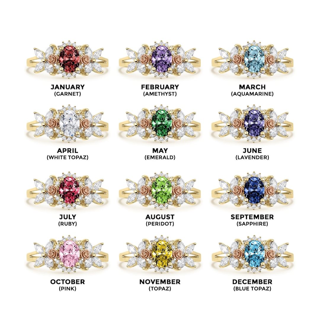 14k Solid Gold Oval Birthstone Ring for All 12 Months, Rose Two-tone ...