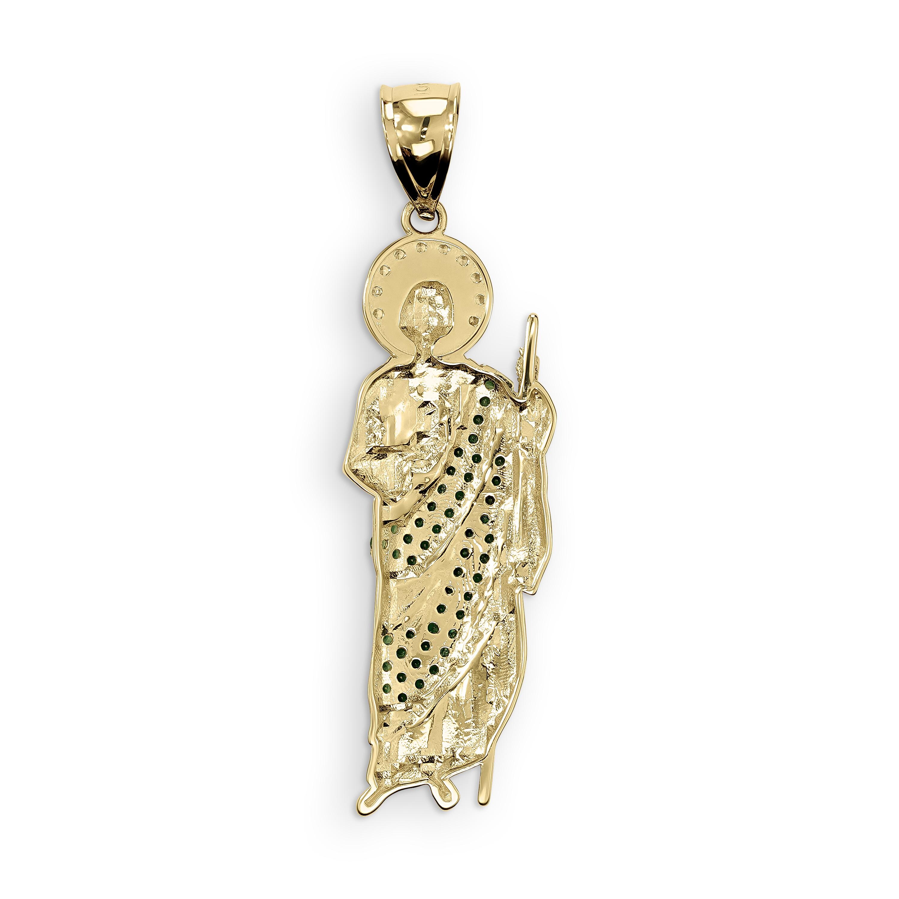 10k & 14k Solid Gold Saint Jude San Judas Green CZ Charm Pendant Chain ...