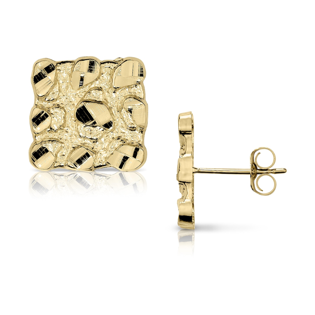 10k & 14k Solid Gold Nugget Square Minimalist Push Back Stud Earrings ...