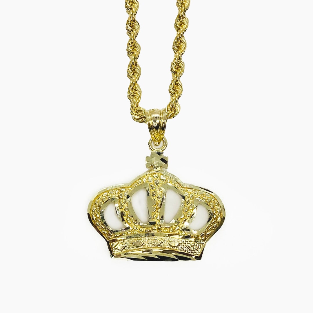 10k Solid Gold King Queen Crown Pendant Necklace Nugget Diamond Cut ...