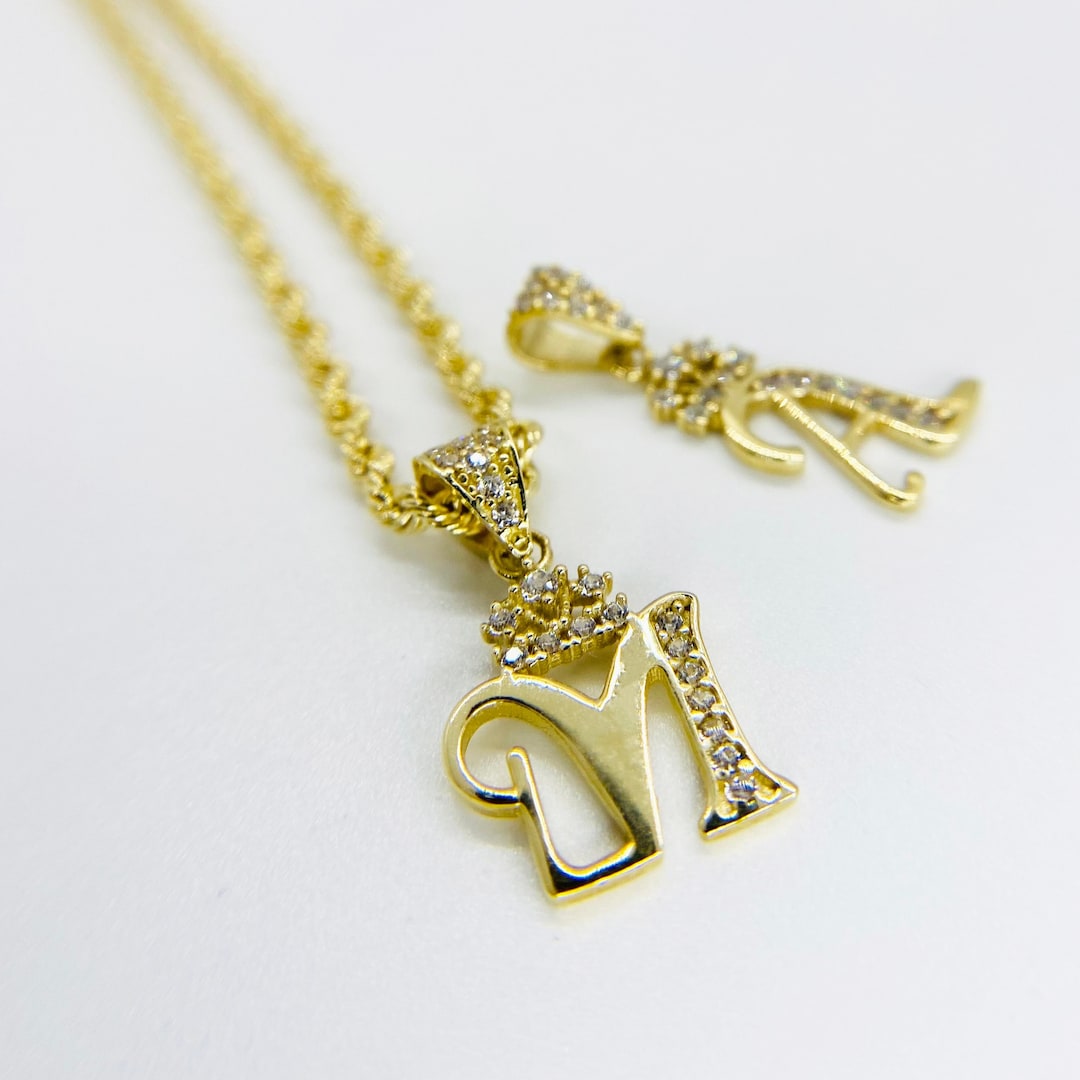 10k Solid Gold Initial Letter Alphabet CZ Crown Pendant Necklace for ...