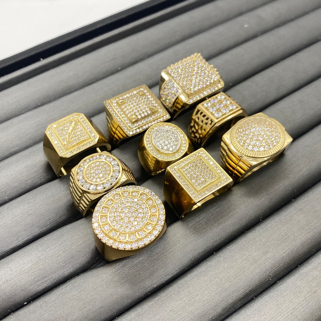 10k Solid Gold Square Round Vintage CZ Classic Ring for Men Him Dad ...