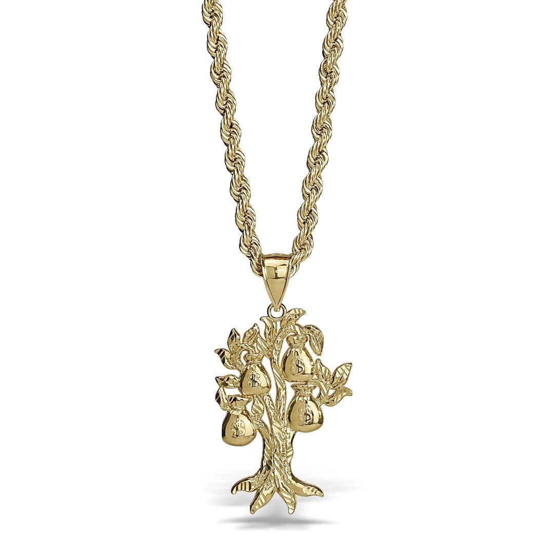 10k Solid Gold Money Bag Hundred Dollar Tree Pendant Necklace for Boy ...