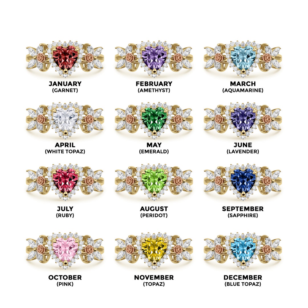 14k Solid Gold 12 Months Birthstone Heart and Rose Two-tone Ring ...