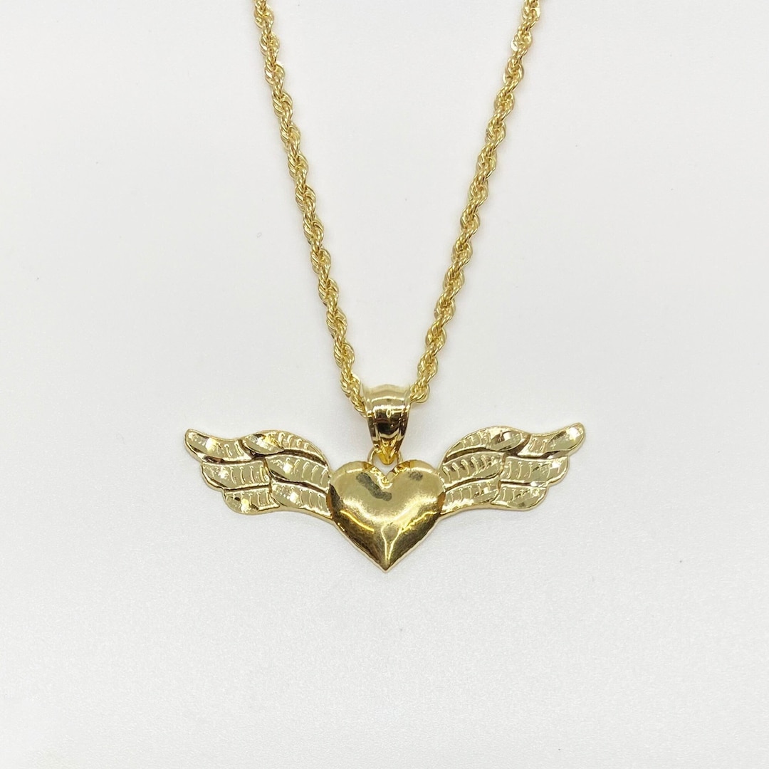 10k Solid Gold Heart Angel Wing Love Pendant Charm Necklace for Women ...