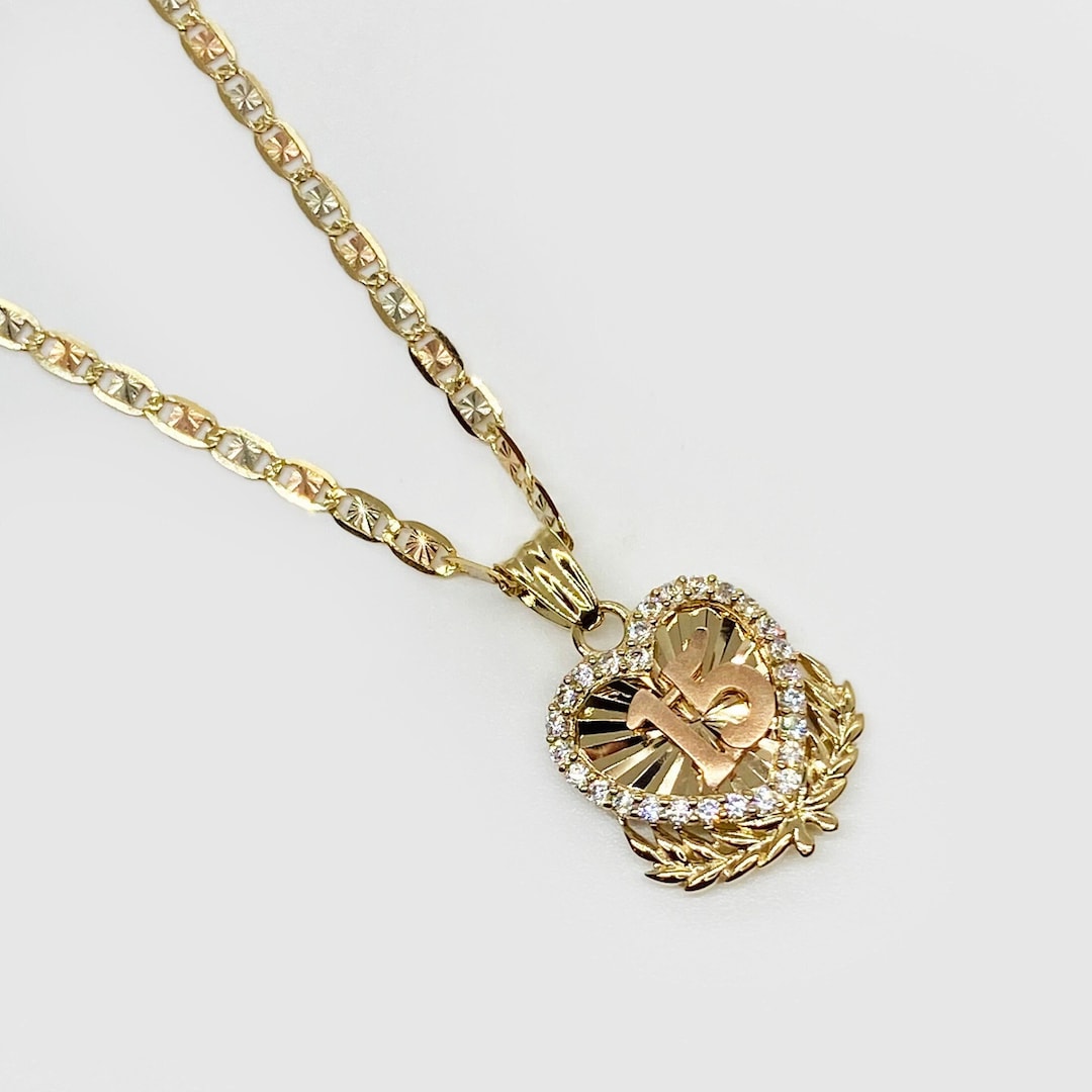 10k & 14k Solid Gold Quinceanera 15th Birthday Heart Wing CZ Pendant ...