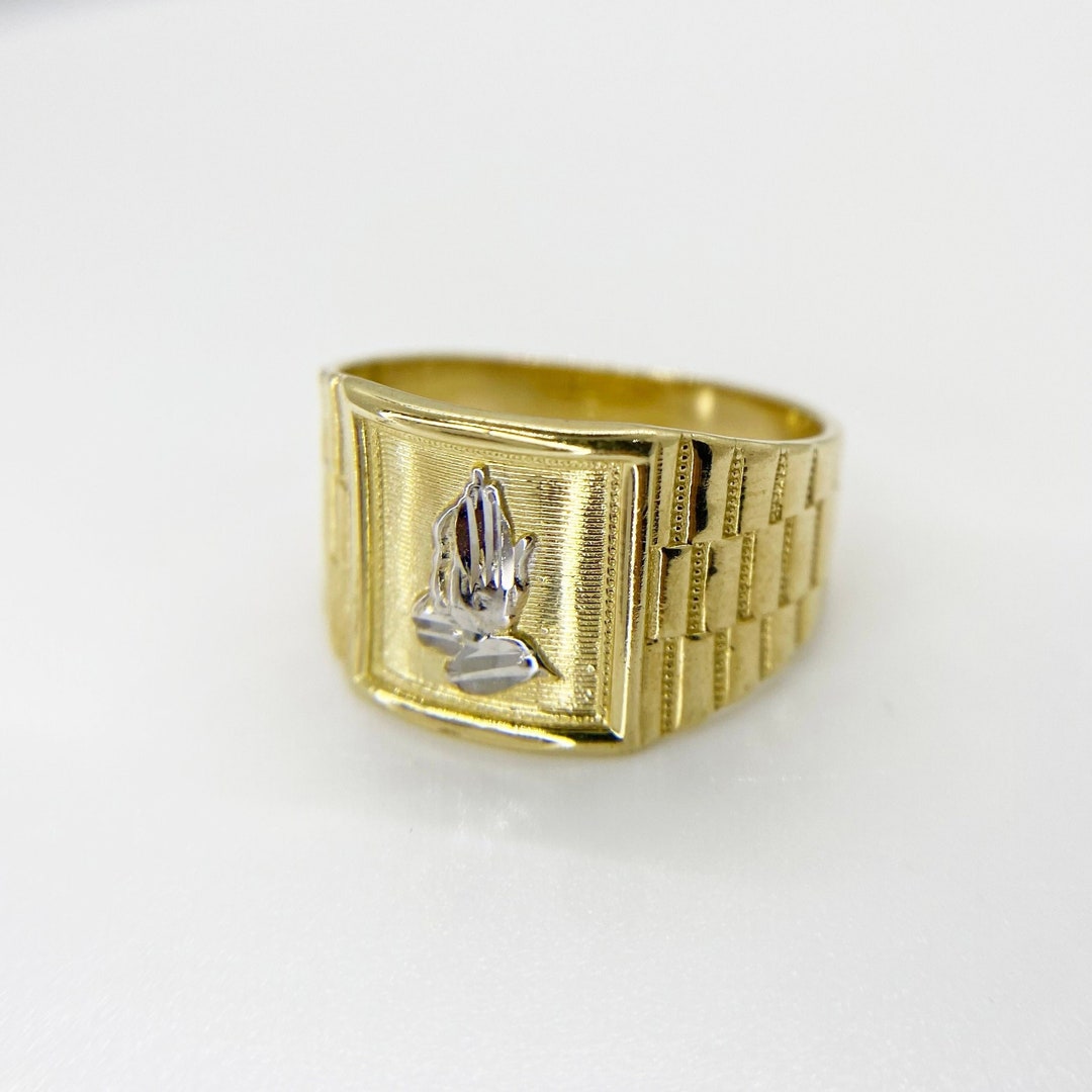 10k & 14k Solid Gold Two-tone Praying Hands Band Ring Classic Design for Boy Men Unique ...