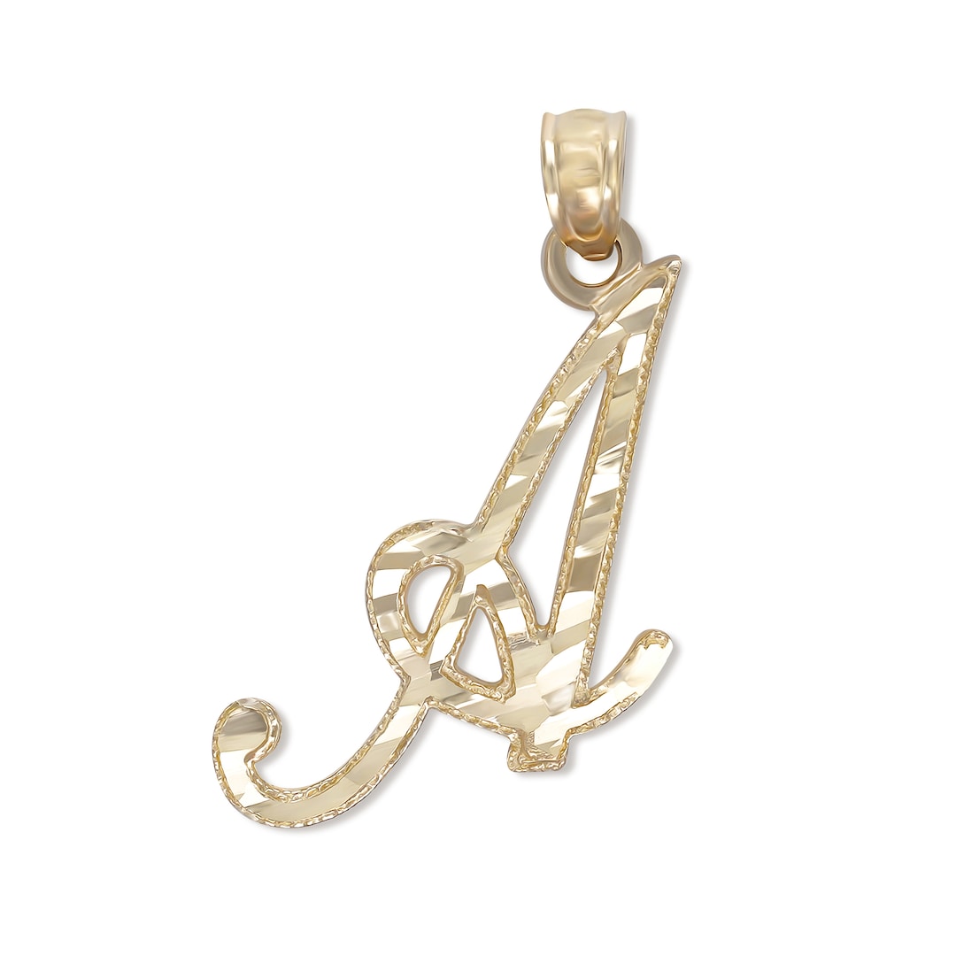 14k Solid Gold Cursive Initial Letter Necklace Dainty Diamond-cut ...