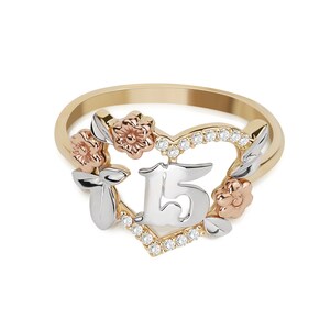 10k & 14k Solid Gold Quinceanera 15th Birthday Heart Ring With Rose ...