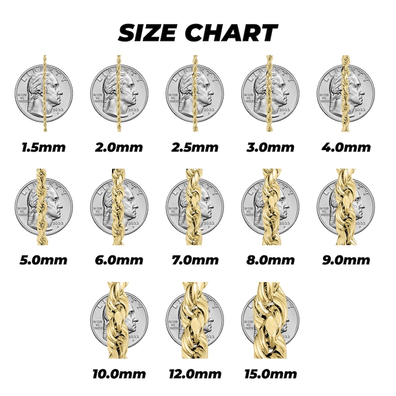 14k Yellow Gold Rope Chain Necklace for Men Women Classic Diamond-cut ...