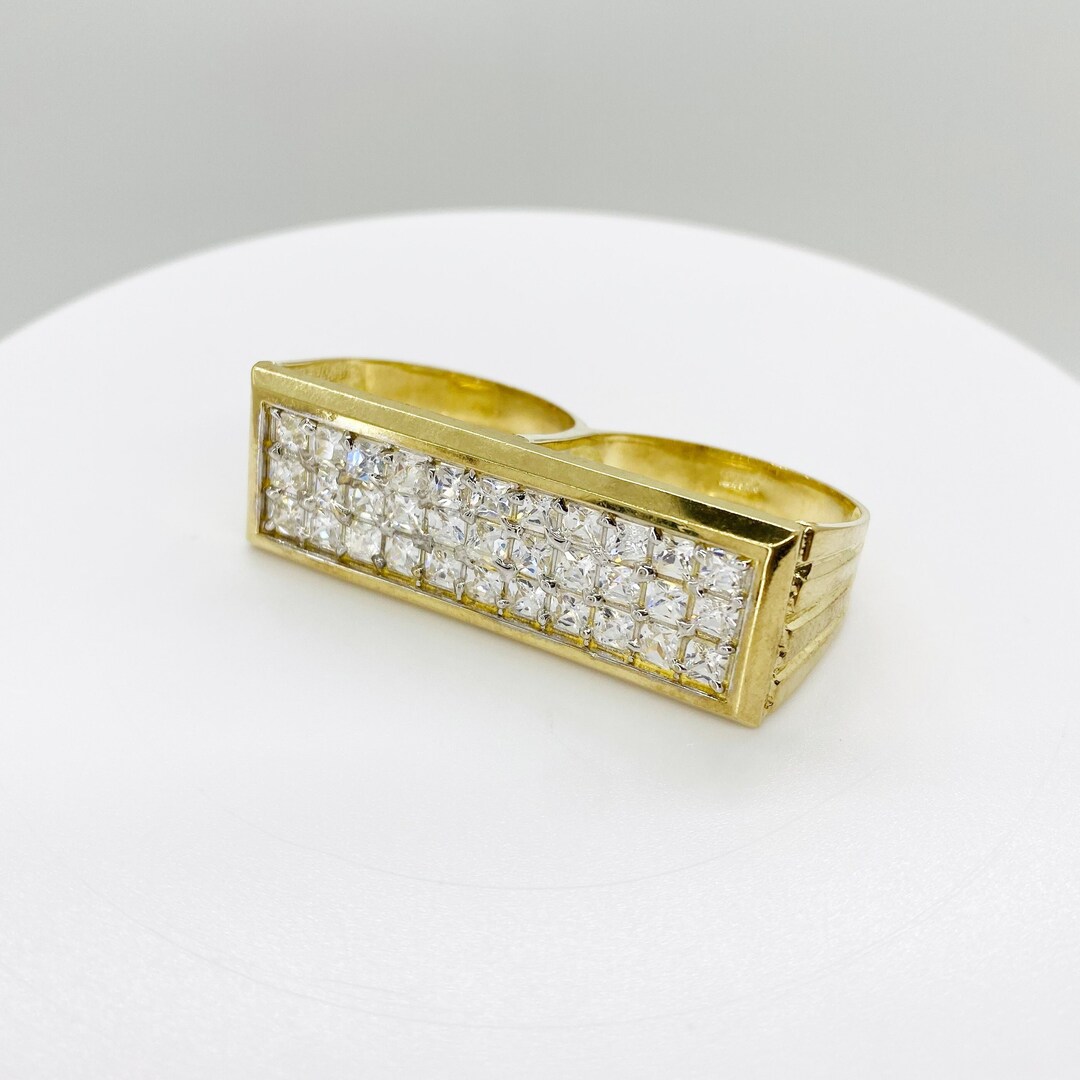 10k Solid Gold Square CZ Double Two Finger Ring Unique Modern Design ...