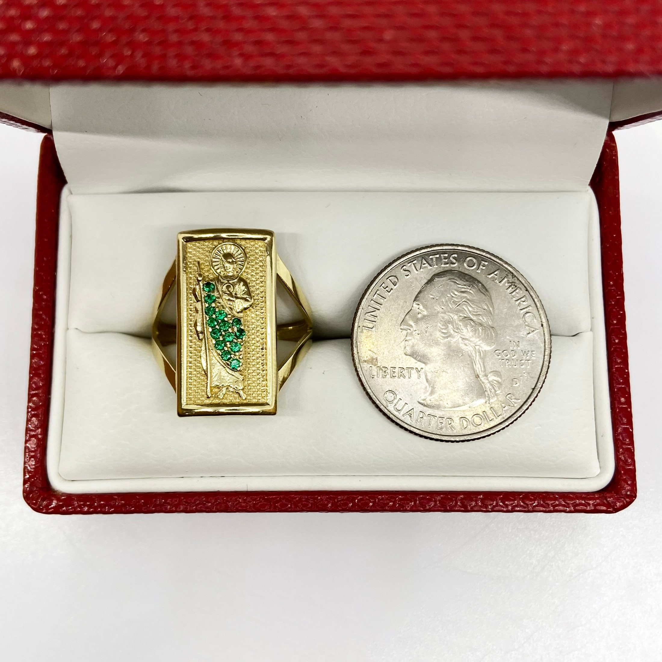 14k Solid Gold St Jude San Judas Ring With Green CZ Square Rectangular ...