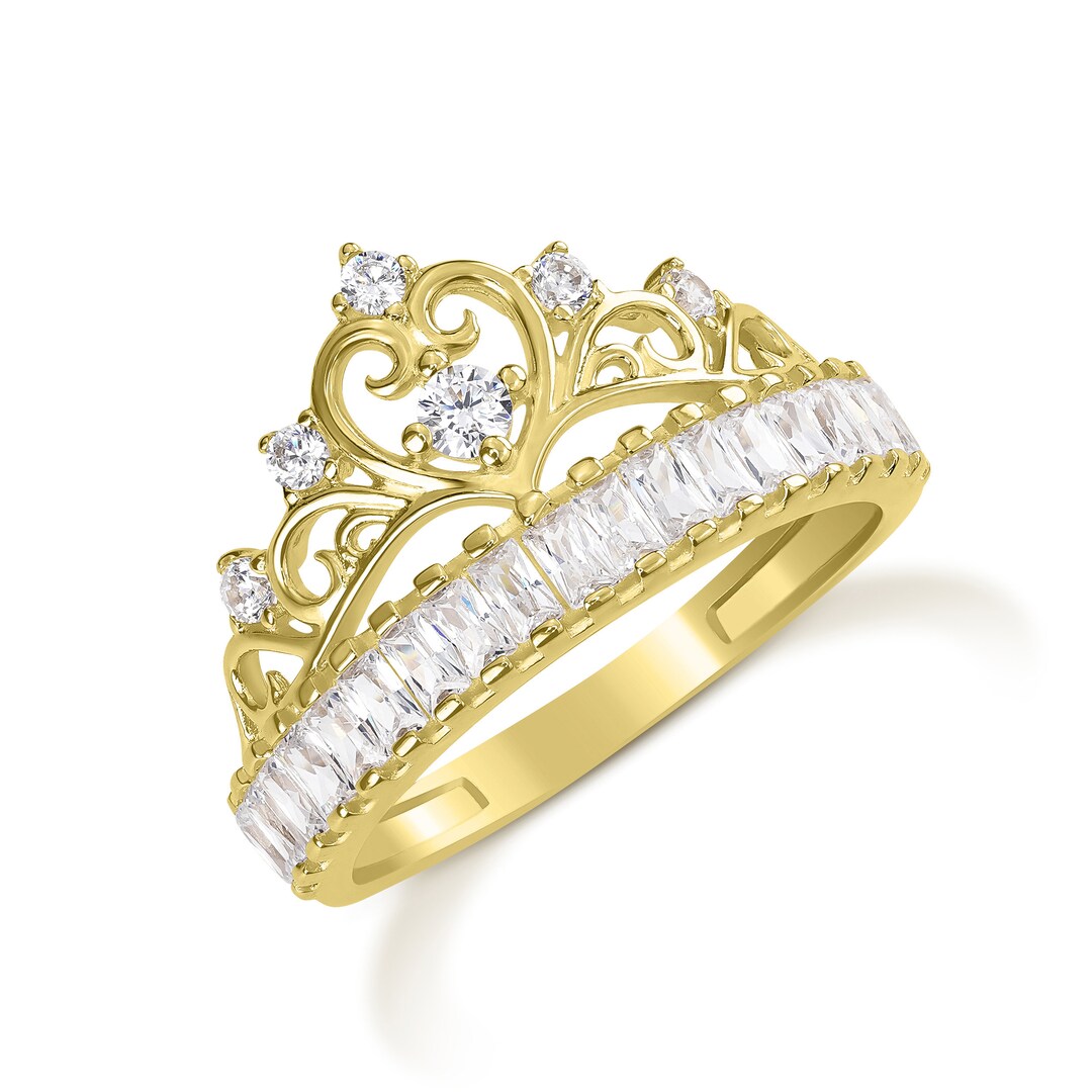 14k Solid Gold Leir Crown Queen Princess Beautiful CZ Ring Gift for ...