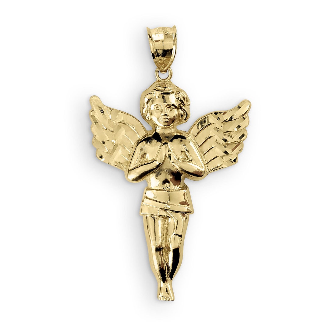 10k Solid Gold Angel Pendant Necklace Praying Guardian Charm for Men ...