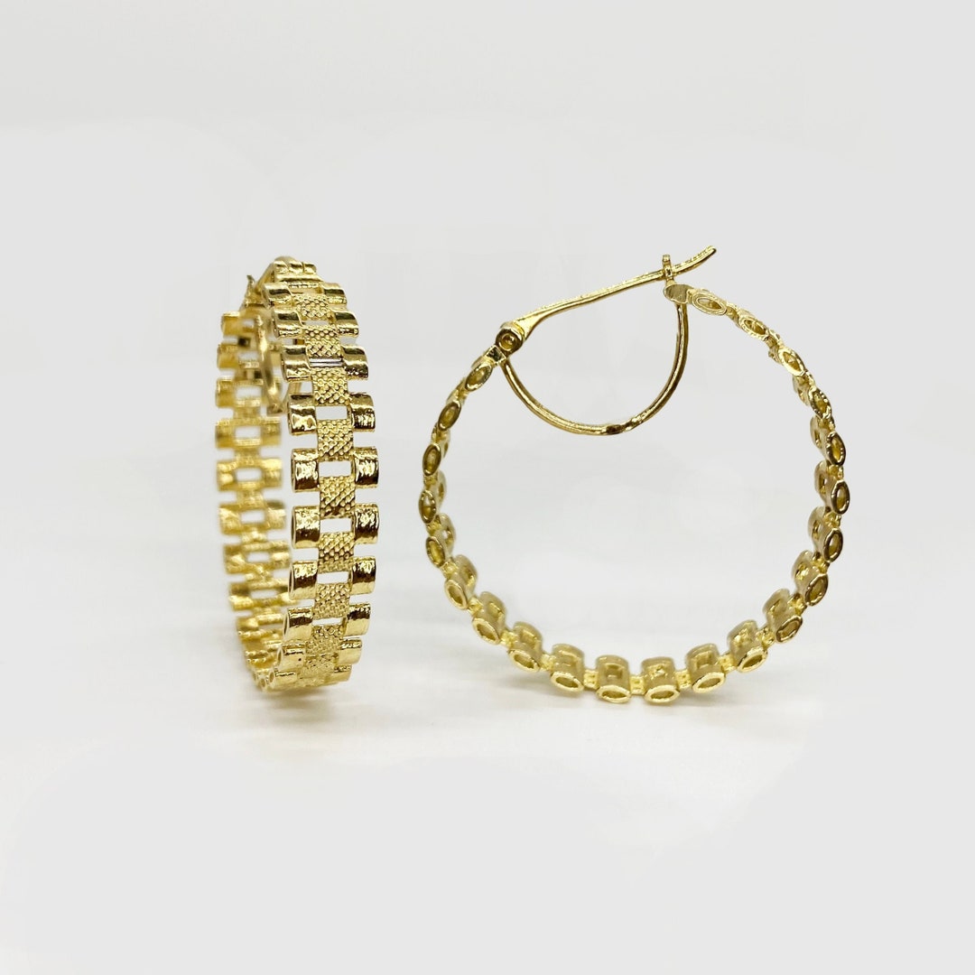 10k Gold Rollie Oyster Presidential Style Hoop Earrings, Round Circle ...