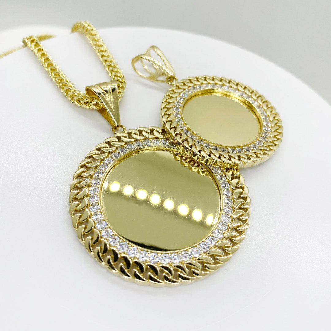 10K Solid Gold Personalized Photo Memory Round Circle Cuban Frame CZ ...