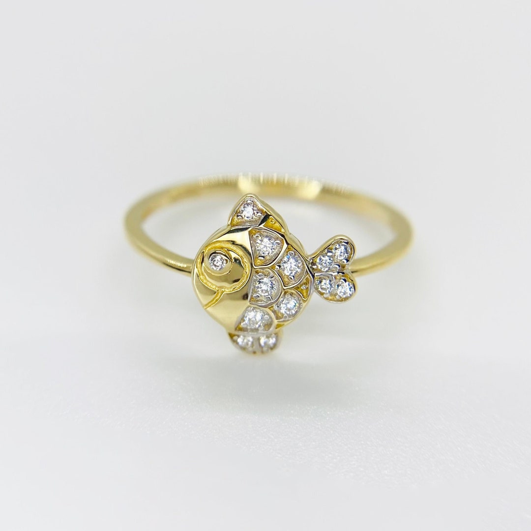 14k Solid Gold Fish CZ Statement Ring for Women/girls Unique Gold Fish ...