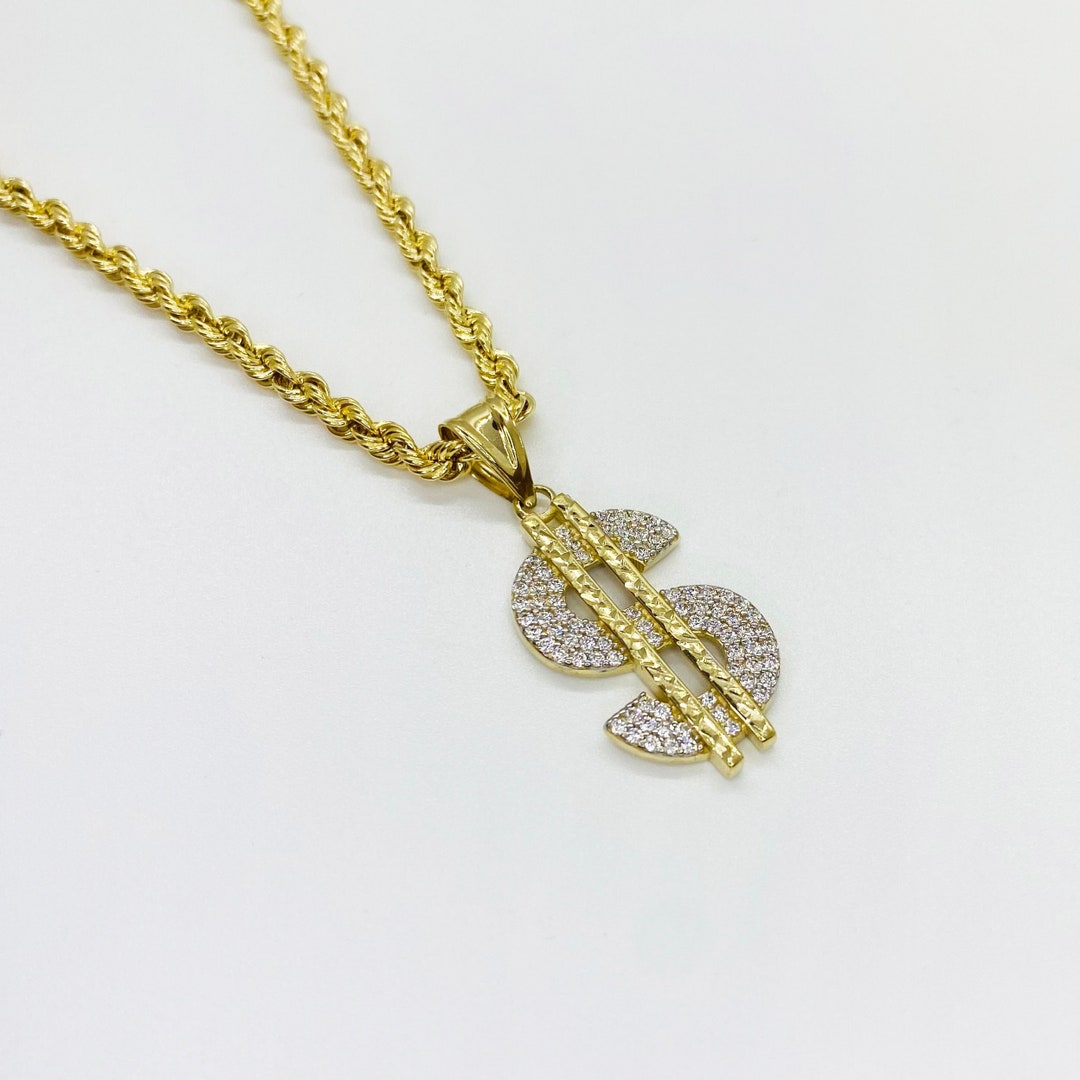 10k Solid Gold Money Dollar Sign CZ Charm Pendant Necklace for Boy Men ...