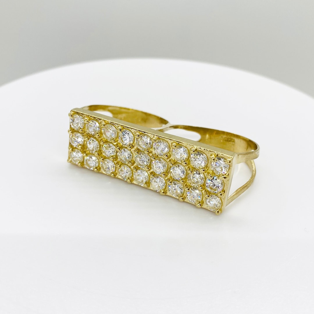 10k Solid Gold Round CZ Double Two Finger Ring Classic Sparkling Design ...