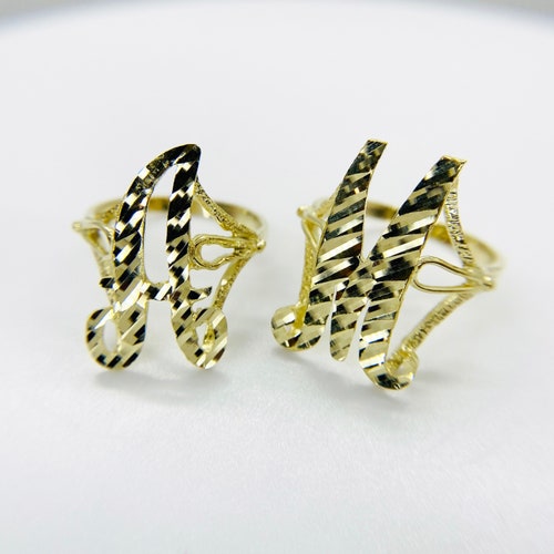 10k Solid Gold Cursive Initial Letter Alphabet Diamond Cut - Etsy