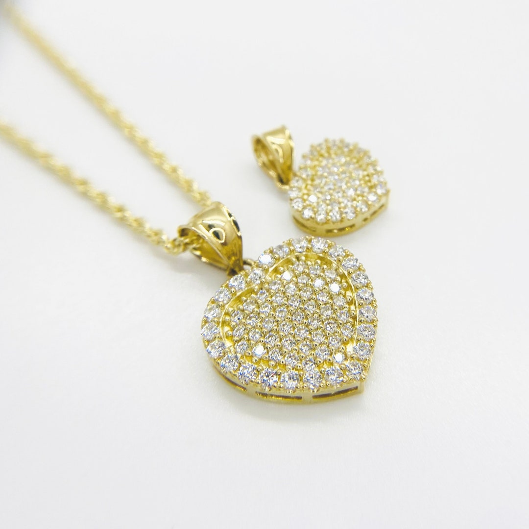 10k Solid Gold Double Layer Heart Pendant With CZ Charm Necklace for ...