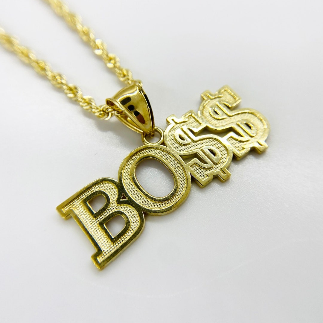 10k Solid Gold "boss" Word Charm Pendant Necklace for Men Boys Him ...