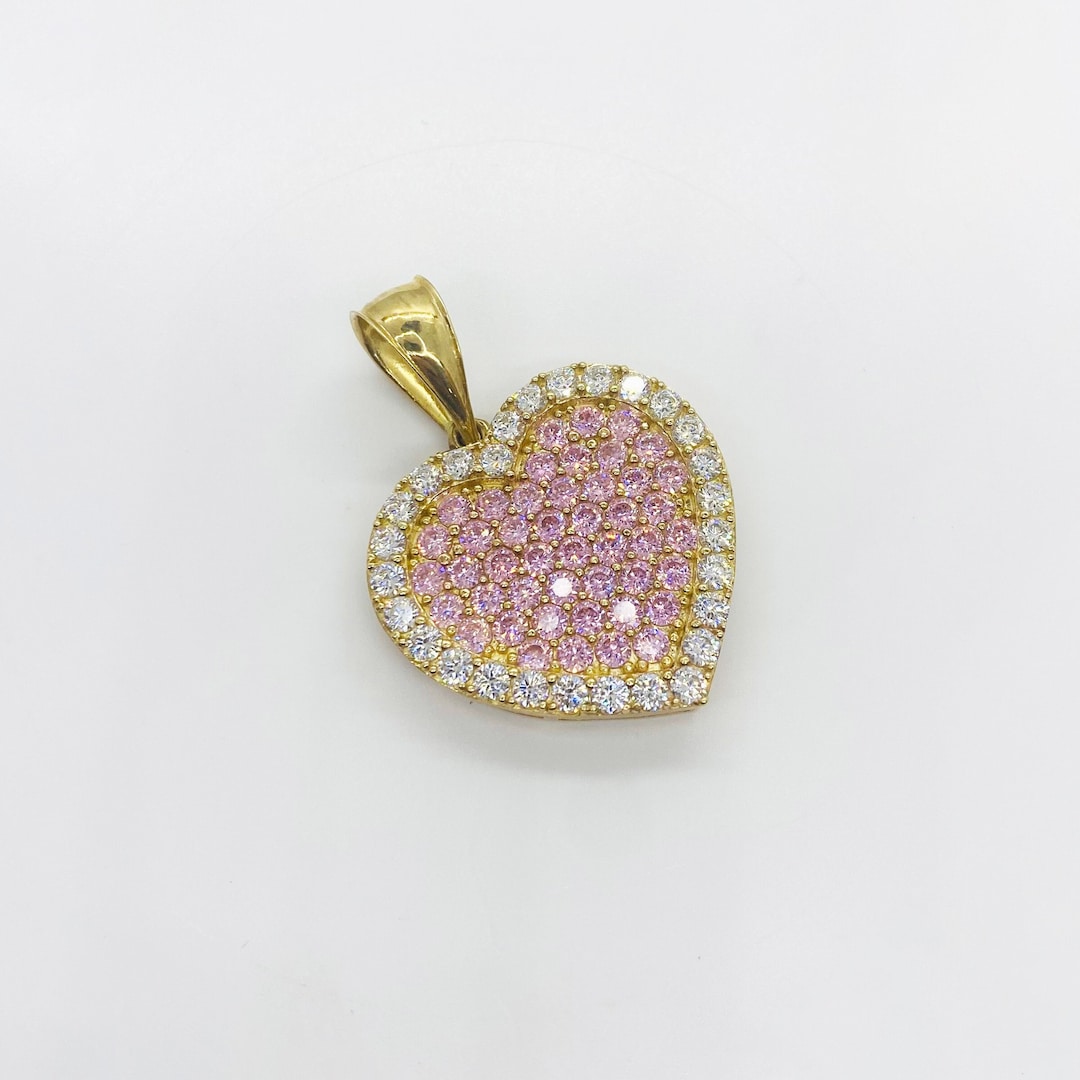 10k Solid Gold Pink Heart CZ Love Pendant Charm Necklace Chain for ...