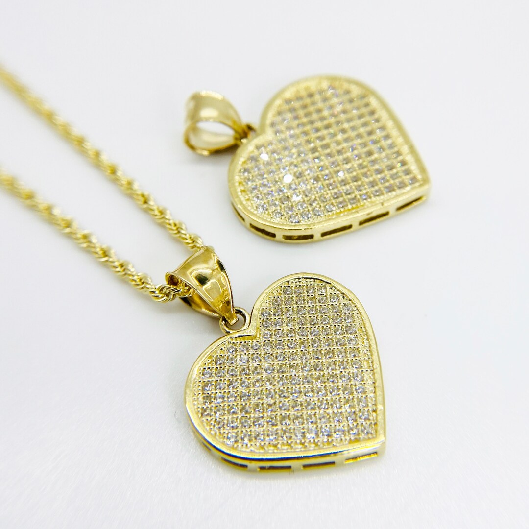 10k Solid Gold Flat Heart Pendant, Classic Love CZ Charm for Women ...