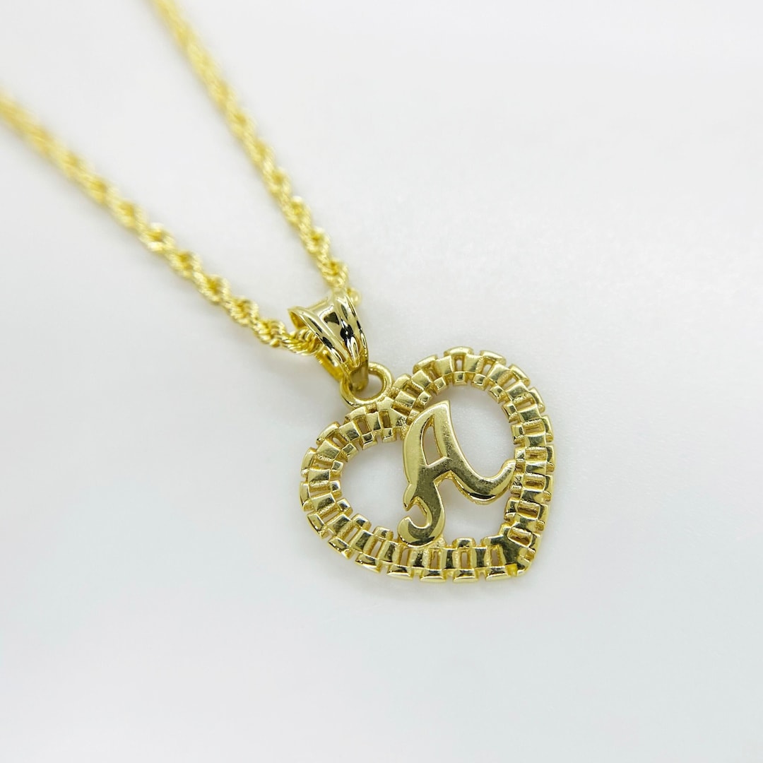 10k Gold Initial Letter Rollie Heart Charm Pendant Necklace for Women ...