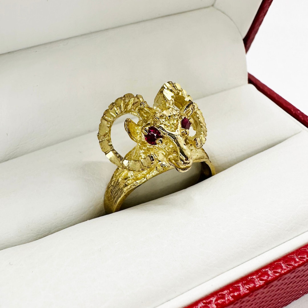 10k Solid Gold Bull Bighorn Sheep Red Eye Ring With CZ for Men Women ...