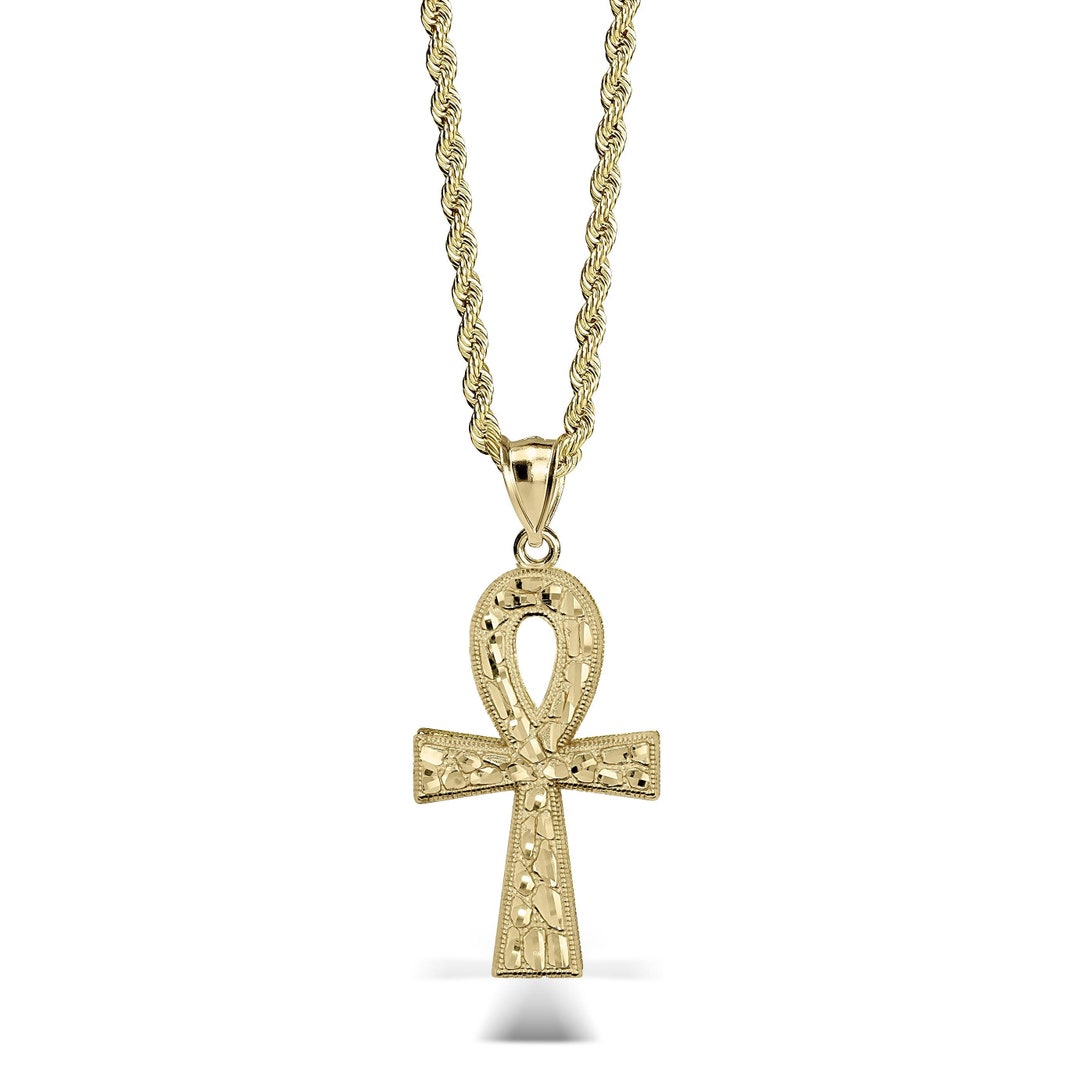 10k Solid Gold Nugget Ankh Celtic Cross Pendant Charm Necklace Unique ...
