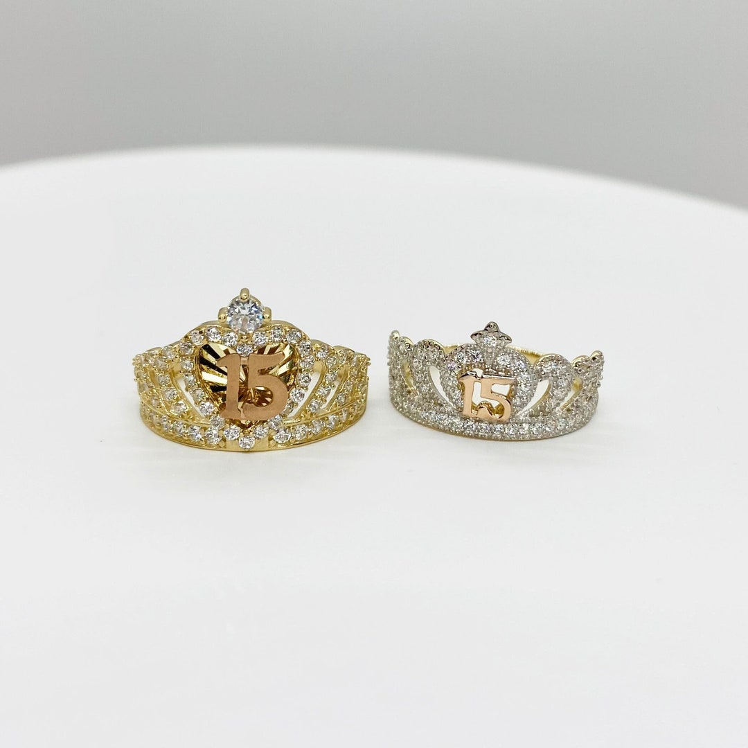 10k & 14k Solid Gold Quinceanera 15th Birthday Crown CZ Two Tone Ring ...