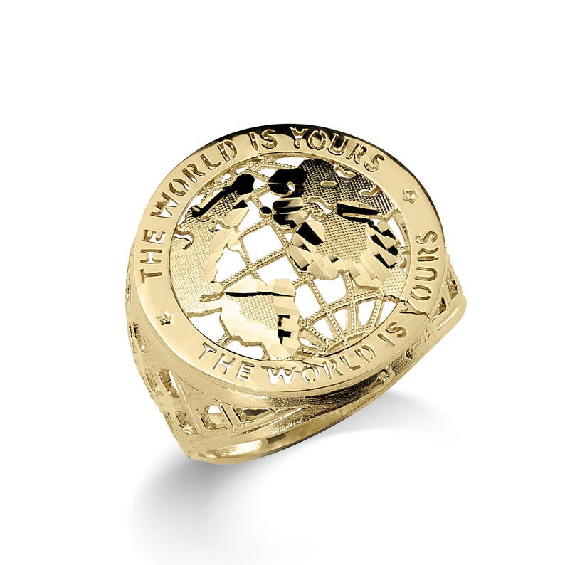 10k Solid Gold World is Yours Round Globe Ring for Boy Men / Unique ...