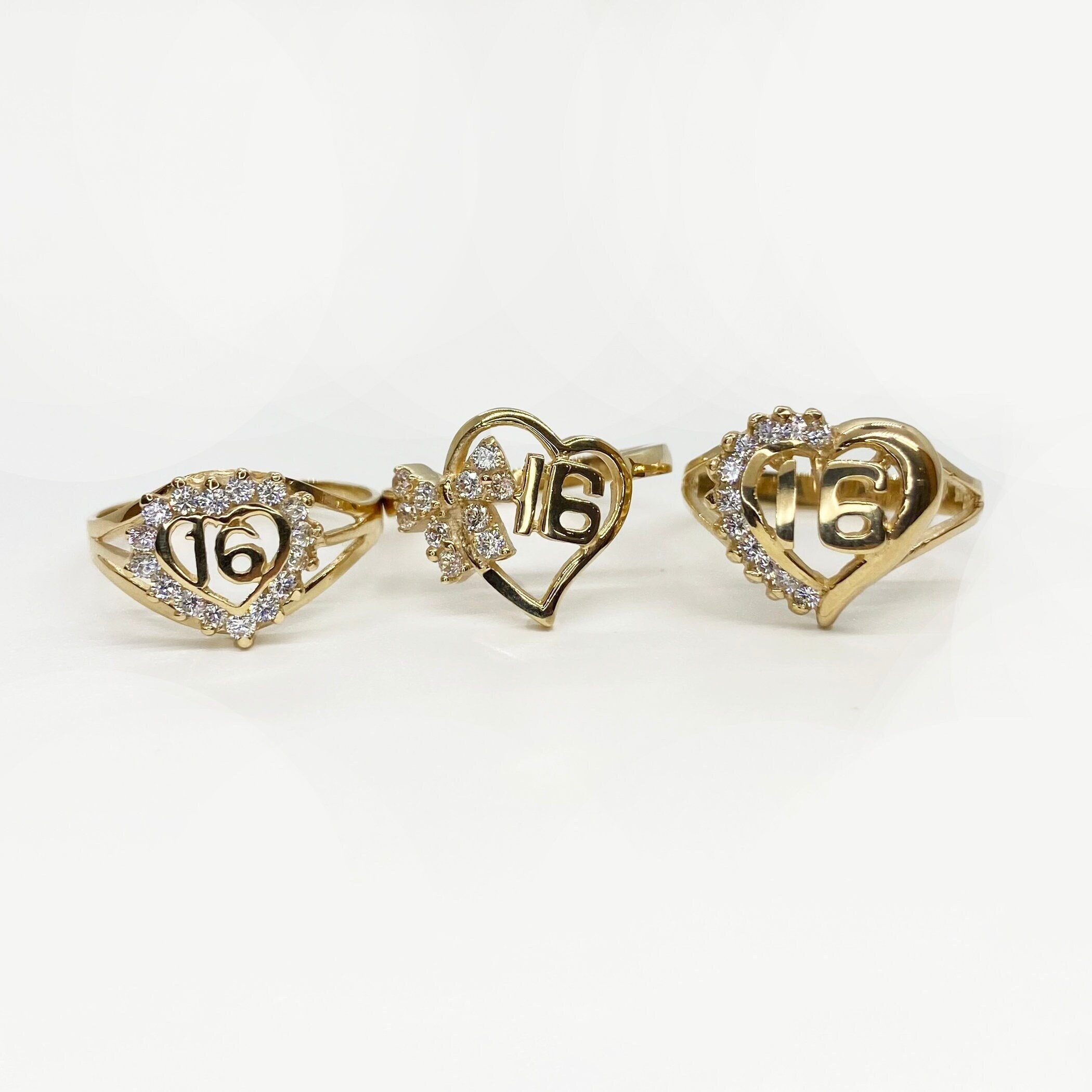 10k & 14k Solid Gold Sweet 16 Heart Ring for Women, Girls and Her ...
