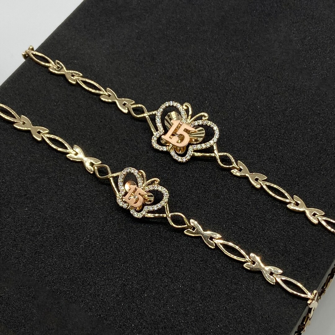 10k & 14k Gold Quinceanera 15th Birthday Butterfly CZ Pendant Charm Bracelet Solid Gold Gift for ...