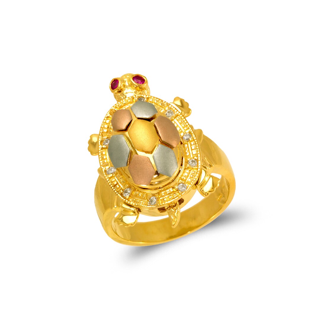 14k Solid Gold Turtle Ring With Tri-color Tourmaline & Red Eye Moving ...